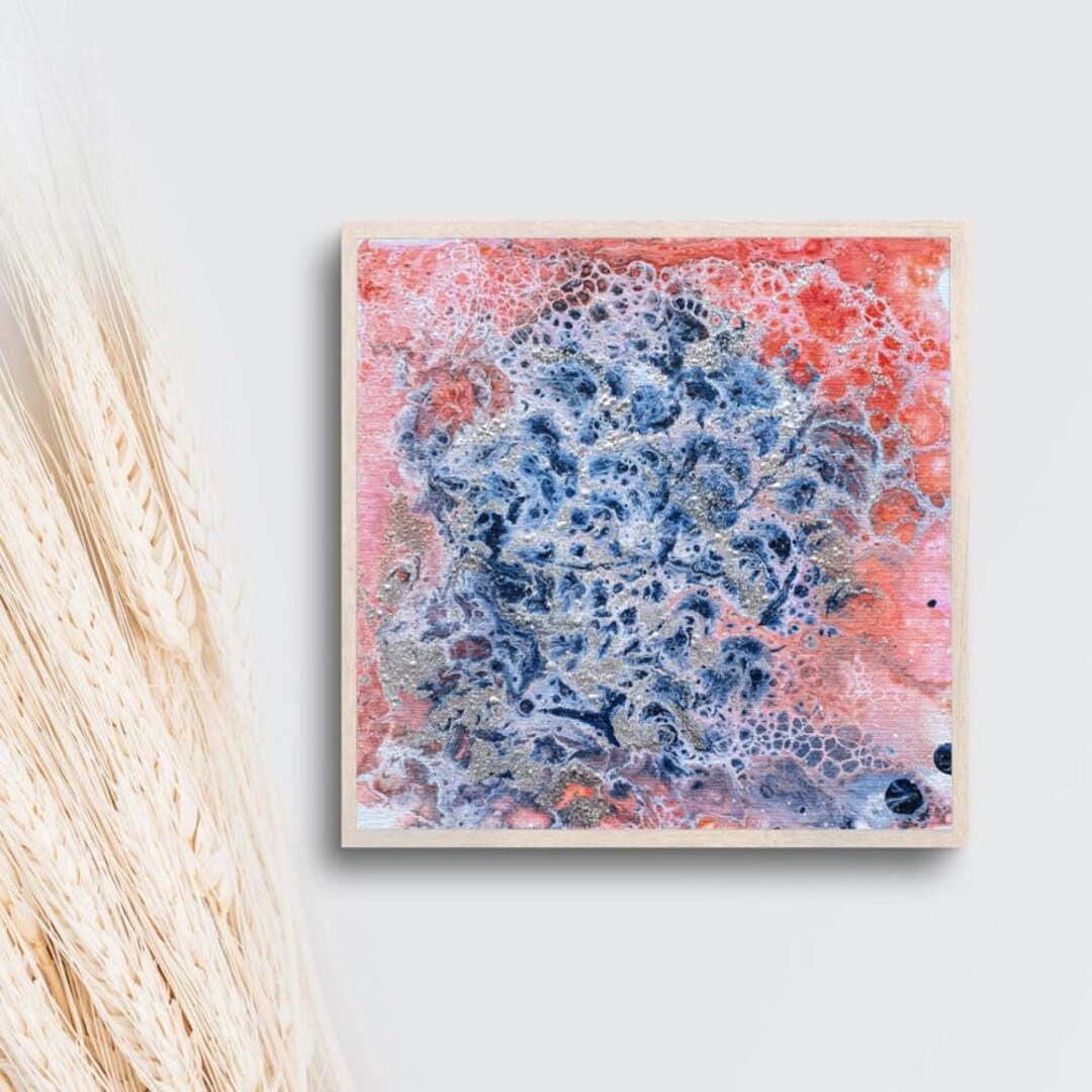 Pintura acrílica abstrata original 15x15 rosa azul fluido derramado ...