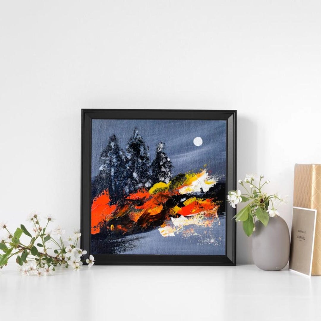 Moonlit Forest Blaze, Abstract Landscape, 20x20 Cm, Oil on Canvas Board ...