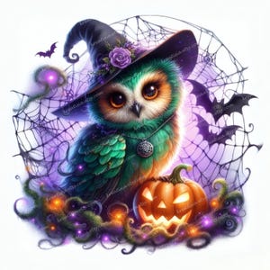 Witchy Owl Clipart: Halloween Fantasy Animal With Pumpkins (JPEG ...