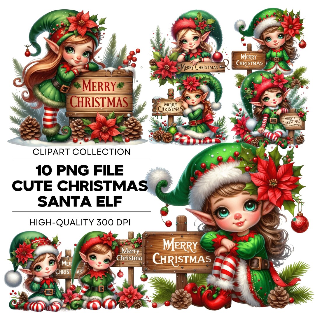 Adorable Christmas Elf Clipart, Cute Girl Santa PNG Sublimation ...