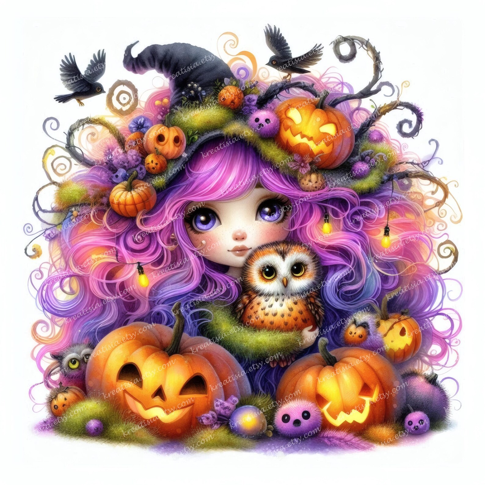 Cute Halloween Witch Clipart | 10-premium JPG | Purple Girl With Owl ...
