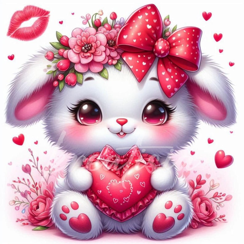 Valentines Bunny Clipart 10 Premium Jpgs 300DPI Watercolor Heart Cute ...