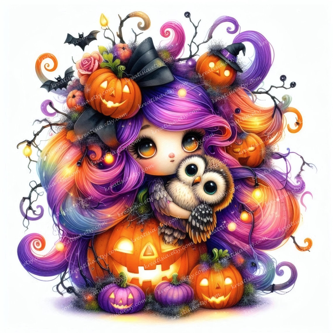 Cute Halloween Witch Clipart | 10-premium JPG | Purple Girl With Owl ...