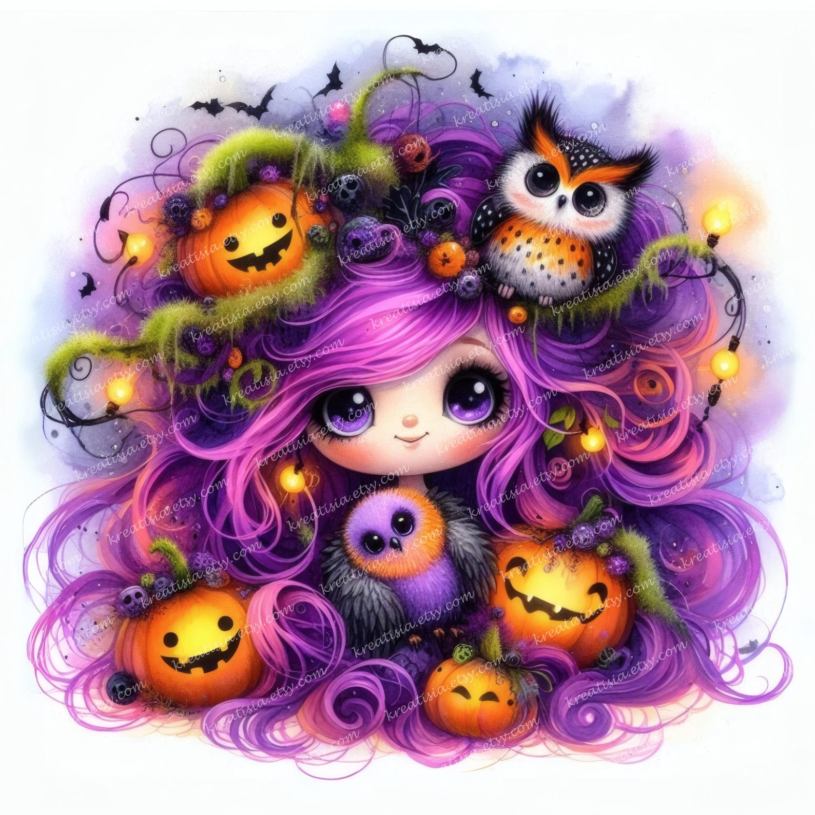 Cute Halloween Witch Clipart | 10-premium JPG | Purple Girl With Owl ...