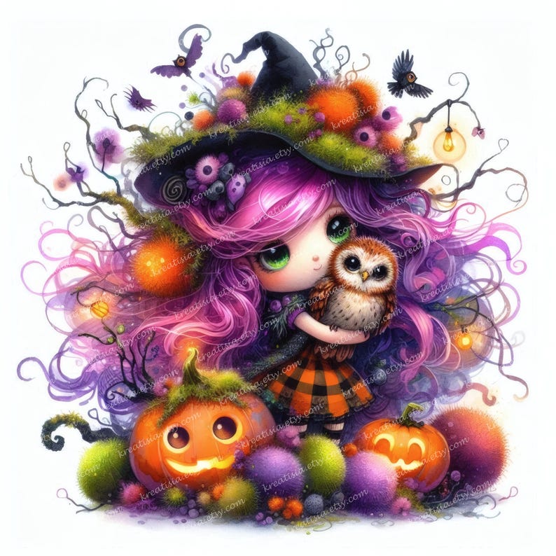 Cute Halloween Witch Clipart | 10-premium JPG | Purple Girl With Owl ...