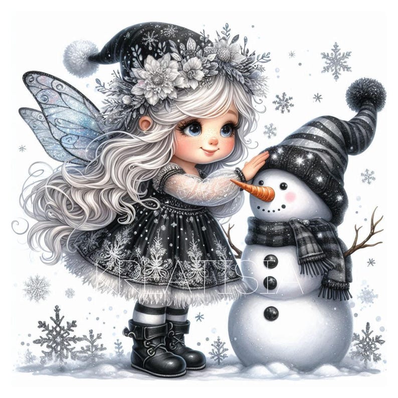 Whimsical Winter Black Fairy & Snowman | 10-premium Jpgs 300DPI | Fairy ...