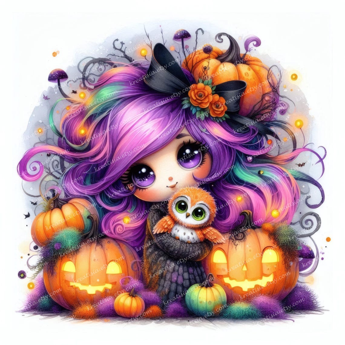 Cute Halloween Witch Clipart | 10-premium JPG | Purple Girl With Owl ...