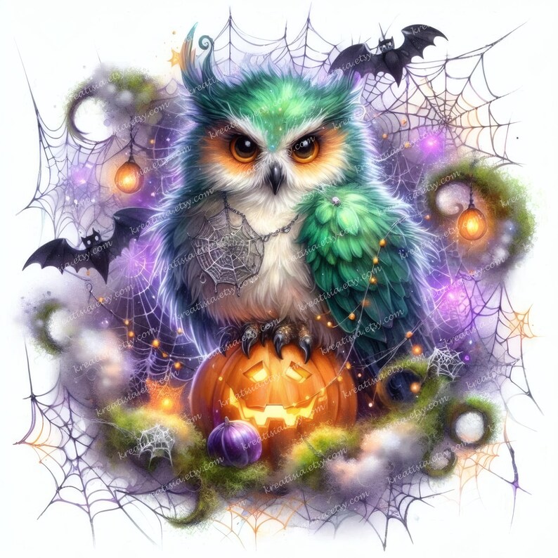 Witchy Owl Clipart: Halloween Fantasy Animal With Pumpkins (JPEG ...