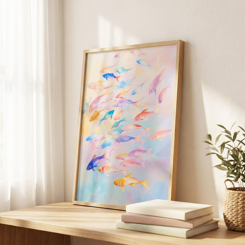 Colorful Fish School Poster, Pastel Ocean Wall Art, Vibrant Underwater ...