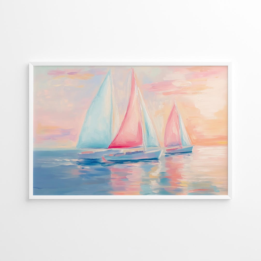 Sailboat Sunset Poster, Colorful Nautical Wall Art, Pastel Coastal ...