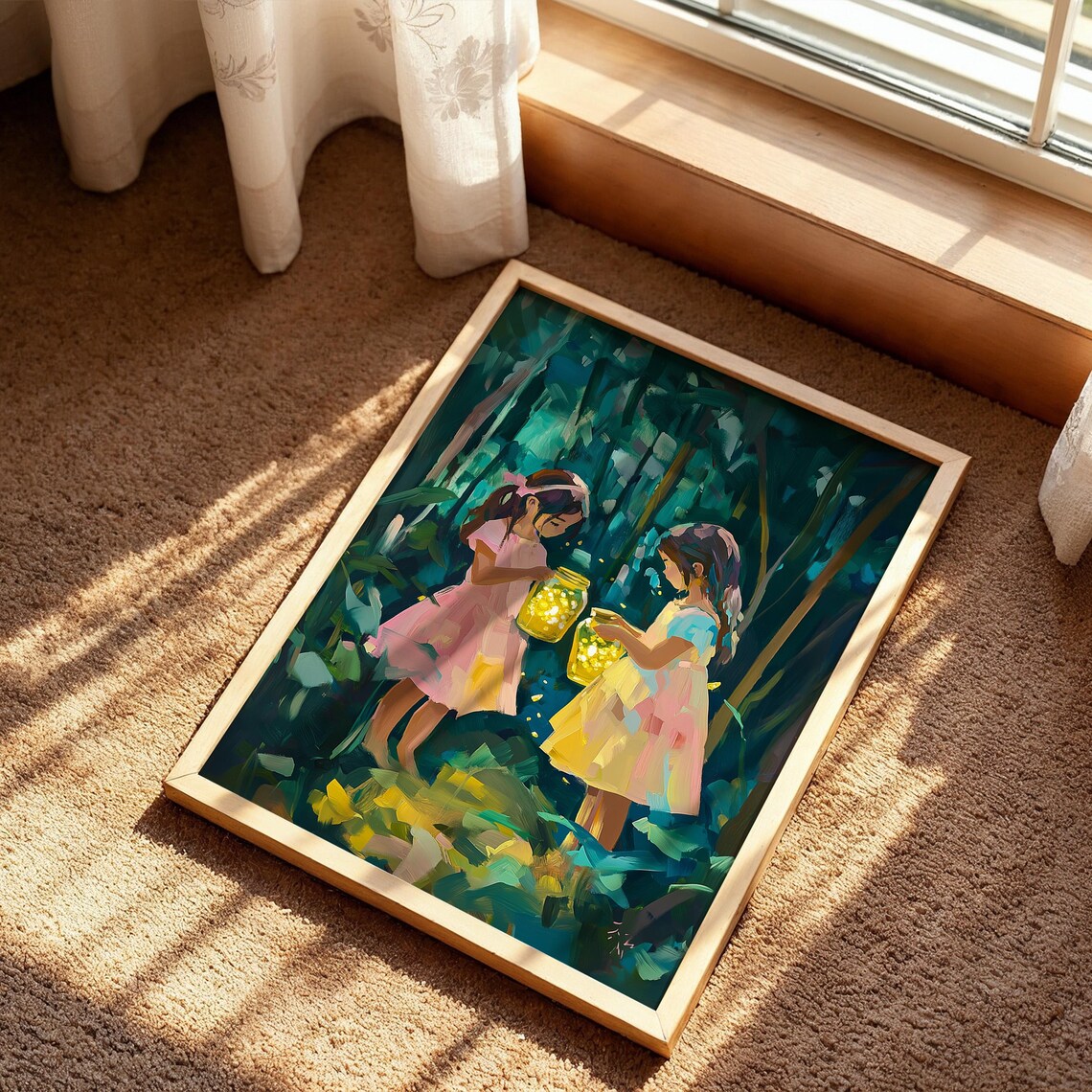 Sisters Catching Fireflies Poster, Magical Summer Night Art Print ...
