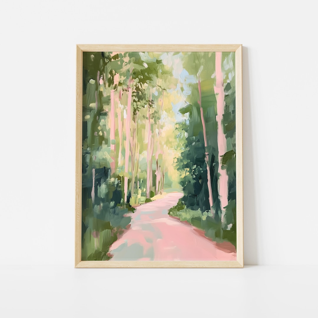 Spring Forest Landscape Poster, Pastel Trees Art Print, Green and Pink ...