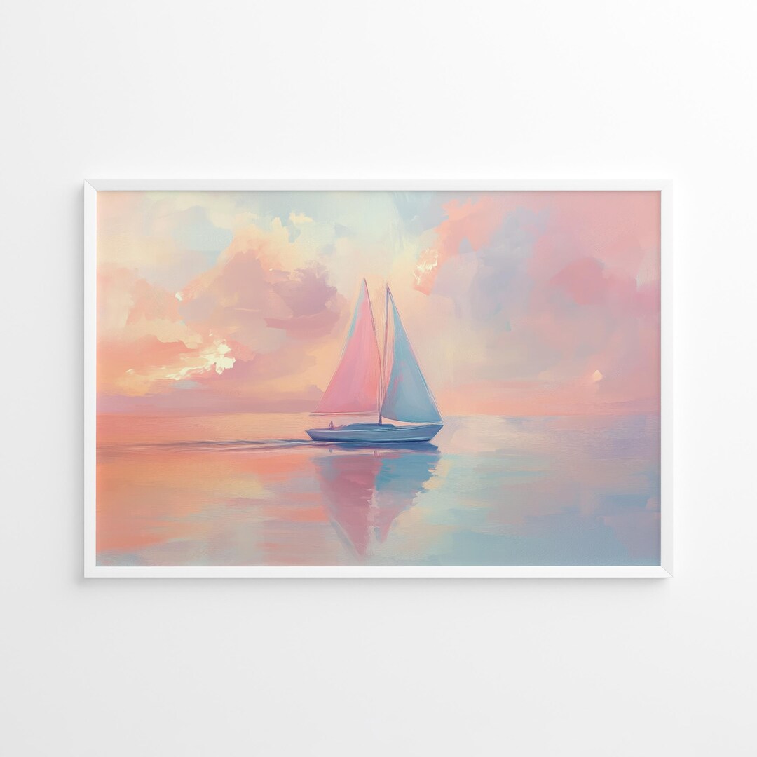 Sailboat Reflection Poster, Pastel Ocean Sunset Wall Art, Serene ...