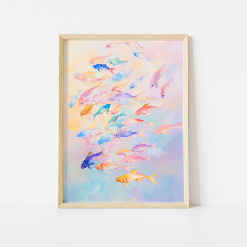 Colorful Fish School Poster, Pastel Ocean Wall Art, Vibrant Underwater ...