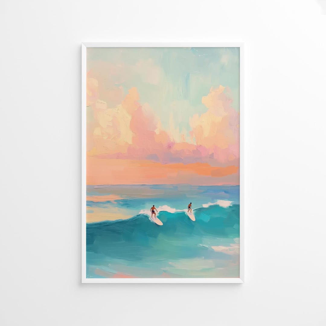 Surfer Duo Poster, Pastel Ocean Wave Wall Art, Sunset Surf Scene Print ...