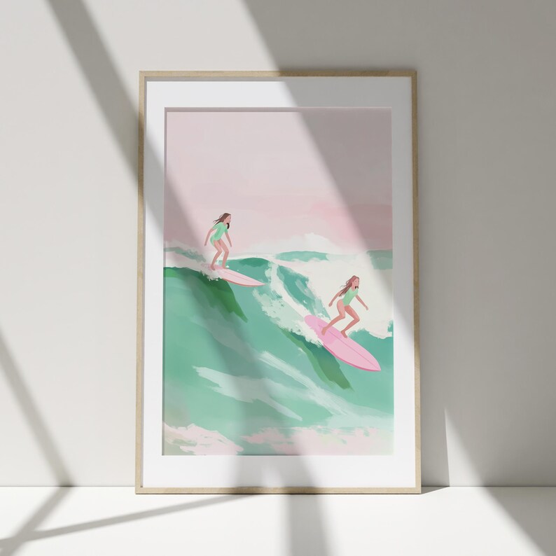 Tween Surfer Girl Poster, Coastal Teen Wall Art Print, Pink Summer ...