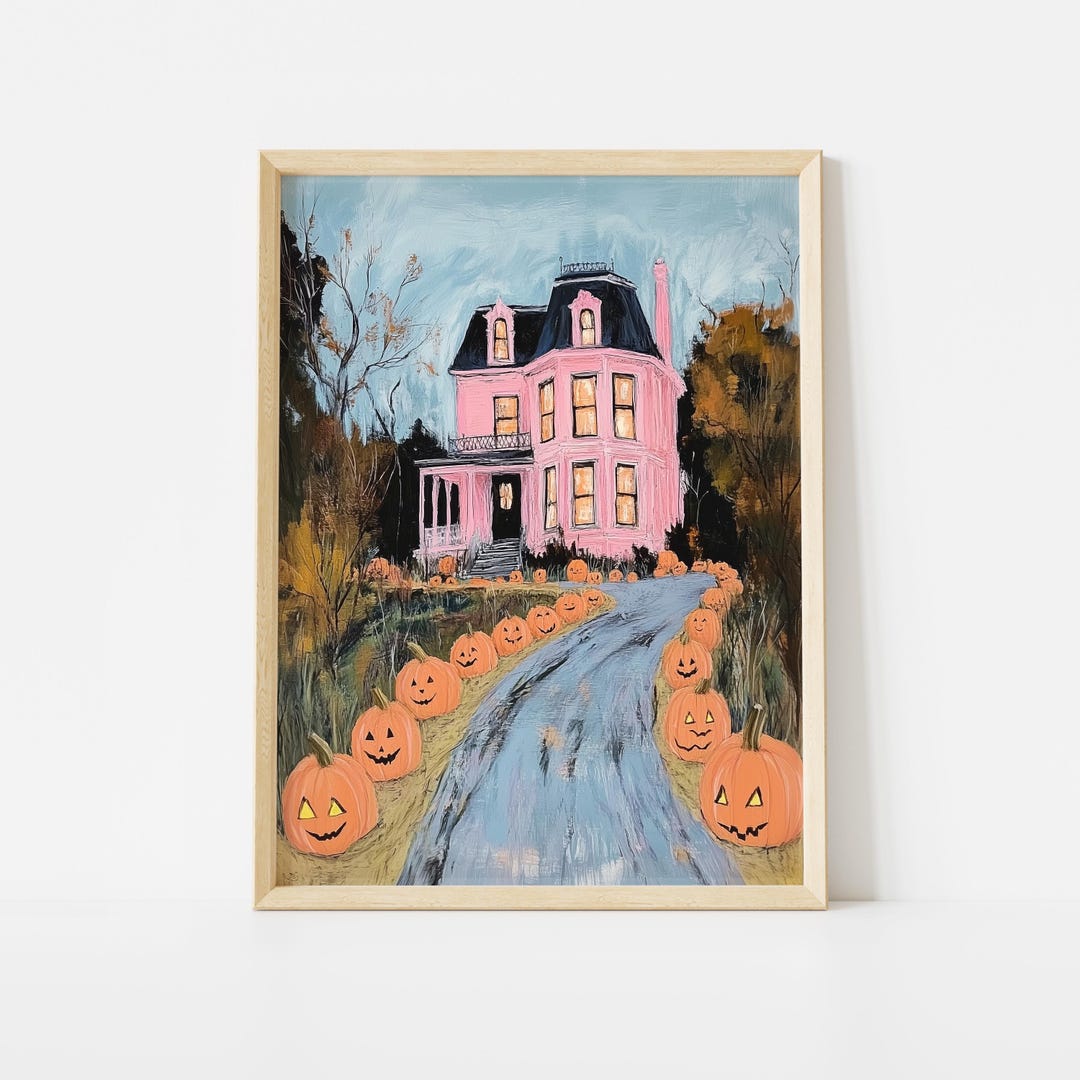 Pink Haunted House Poster, Girly Halloween Wall Art, Spooky Pumpkin ...