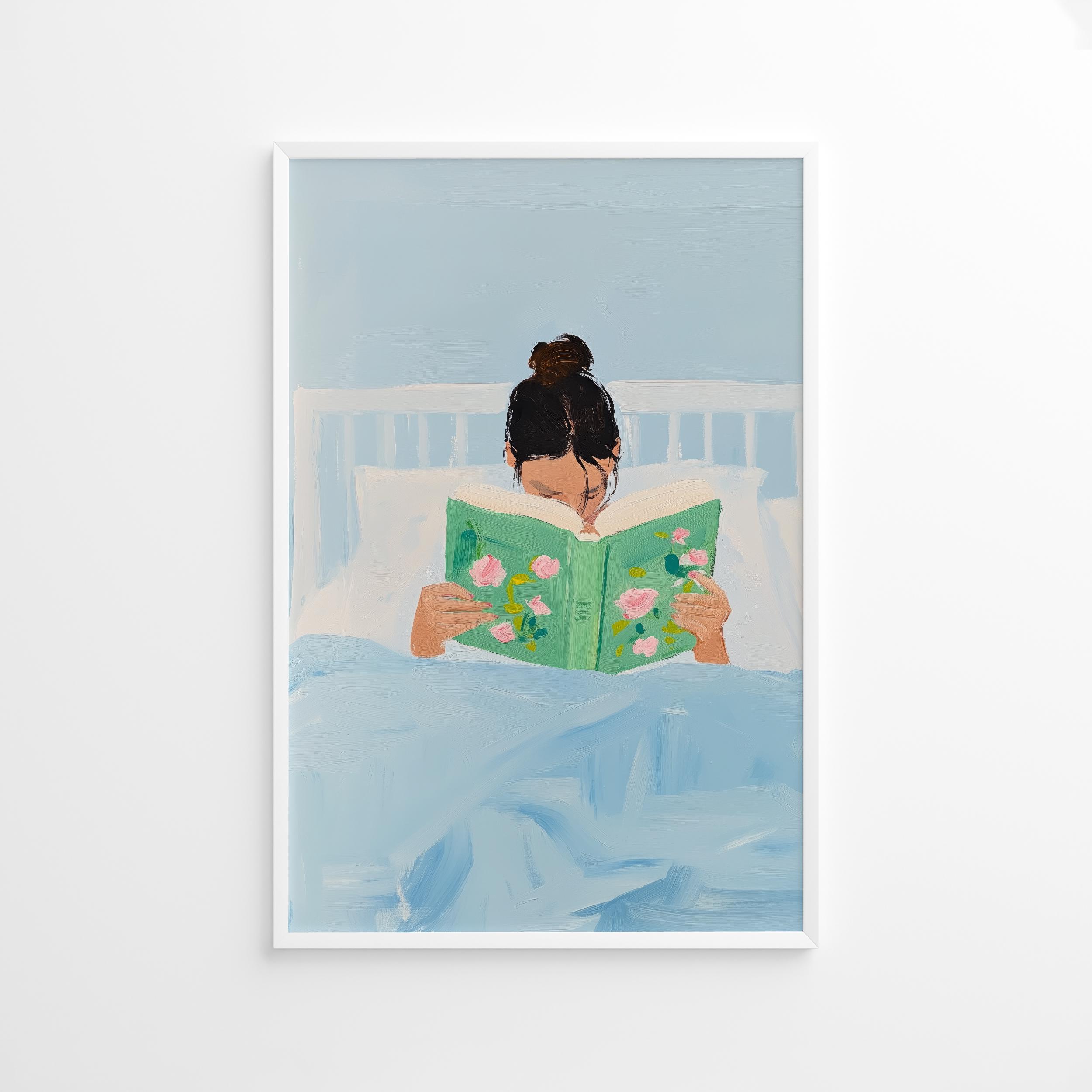 Girl Reading in Bed Poster, Book Lover Art, Reading Nook Decor, Tween ...