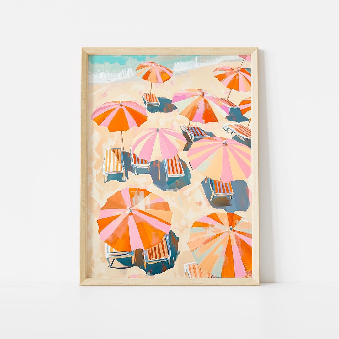 Striped Beach Umbrella Aerial Poster, Colorful Coastal Wall Art, Pastel ...