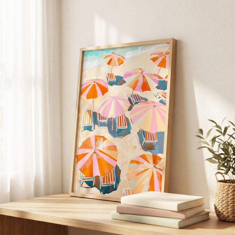 Striped Beach Umbrella Aerial Poster, Colorful Coastal Wall Art, Pastel ...