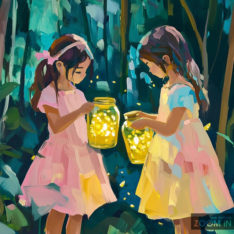 Sisters Catching Fireflies Poster, Magical Summer Night Art Print ...