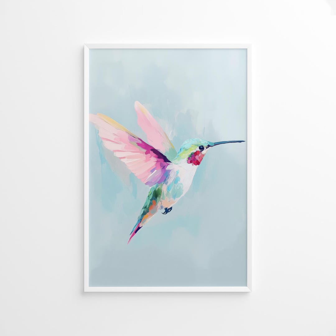 Hummingbird Poster, Pastel Bird Wall Art, Colorful Flying Bird Print ...