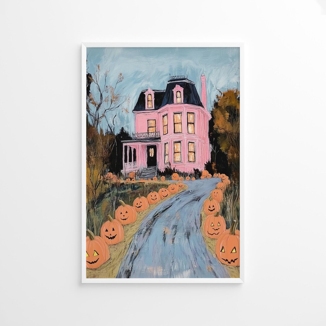 Pink Haunted House Poster, Girly Halloween Wall Art, Spooky Pumpkin ...