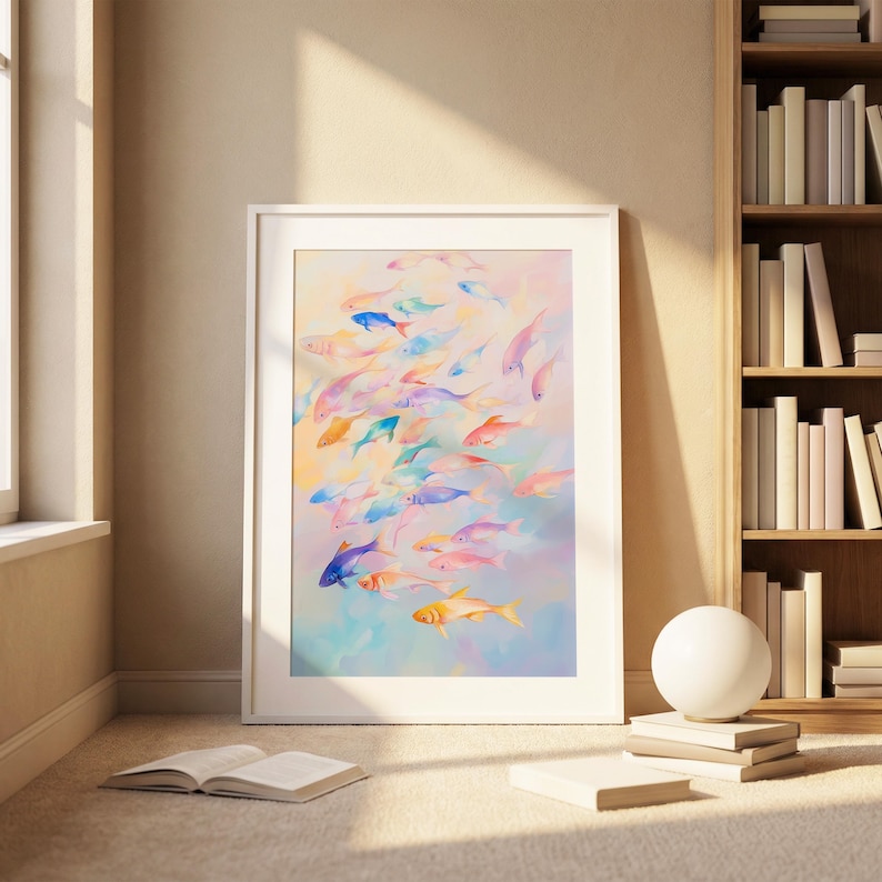Colorful Fish School Poster, Pastel Ocean Wall Art, Vibrant Underwater ...