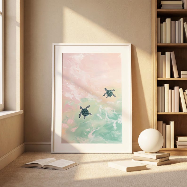 Sea Turtles Swimming Poster, Tropical Animal Art Print, Coastal Beach ...
