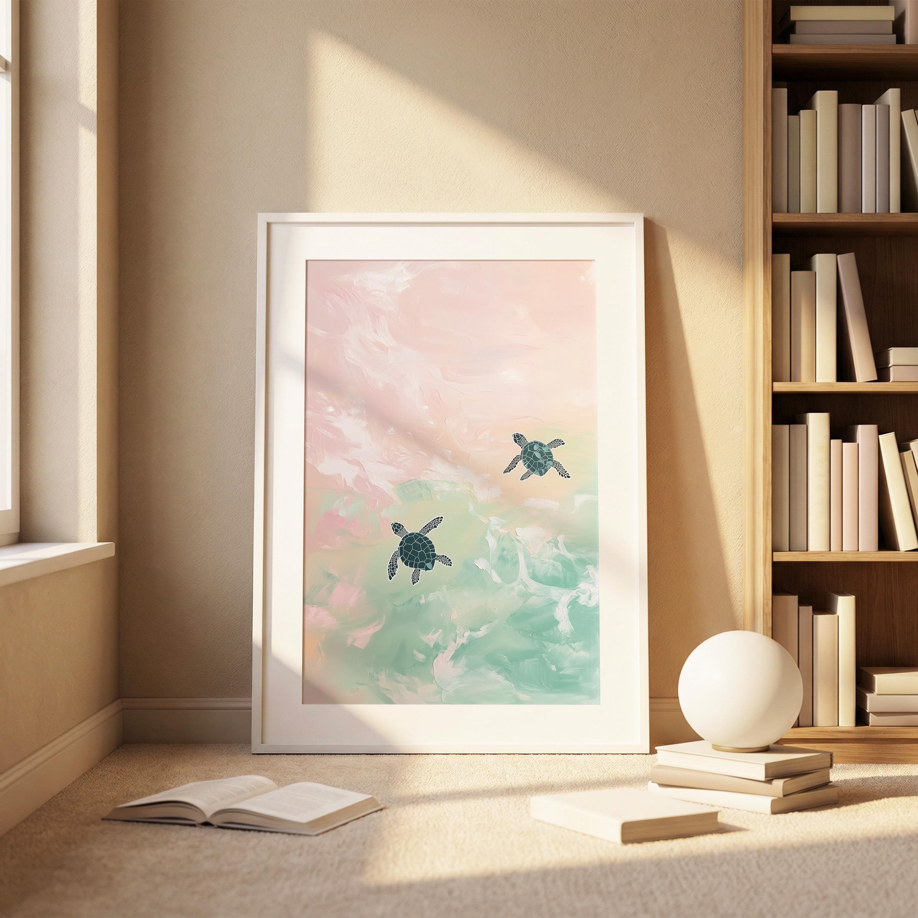 Sea Turtles Swimming Poster, Tropical Animal Art Print, Coastal Beach ...