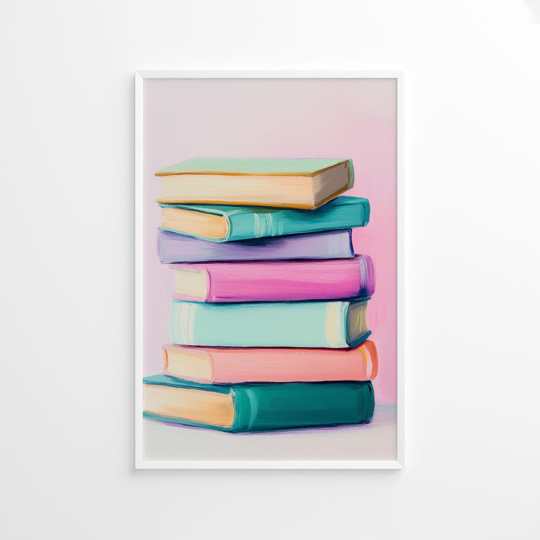 Colorful Stack of Books Poster, Pastel Book Lover Wall Art, Colorful ...