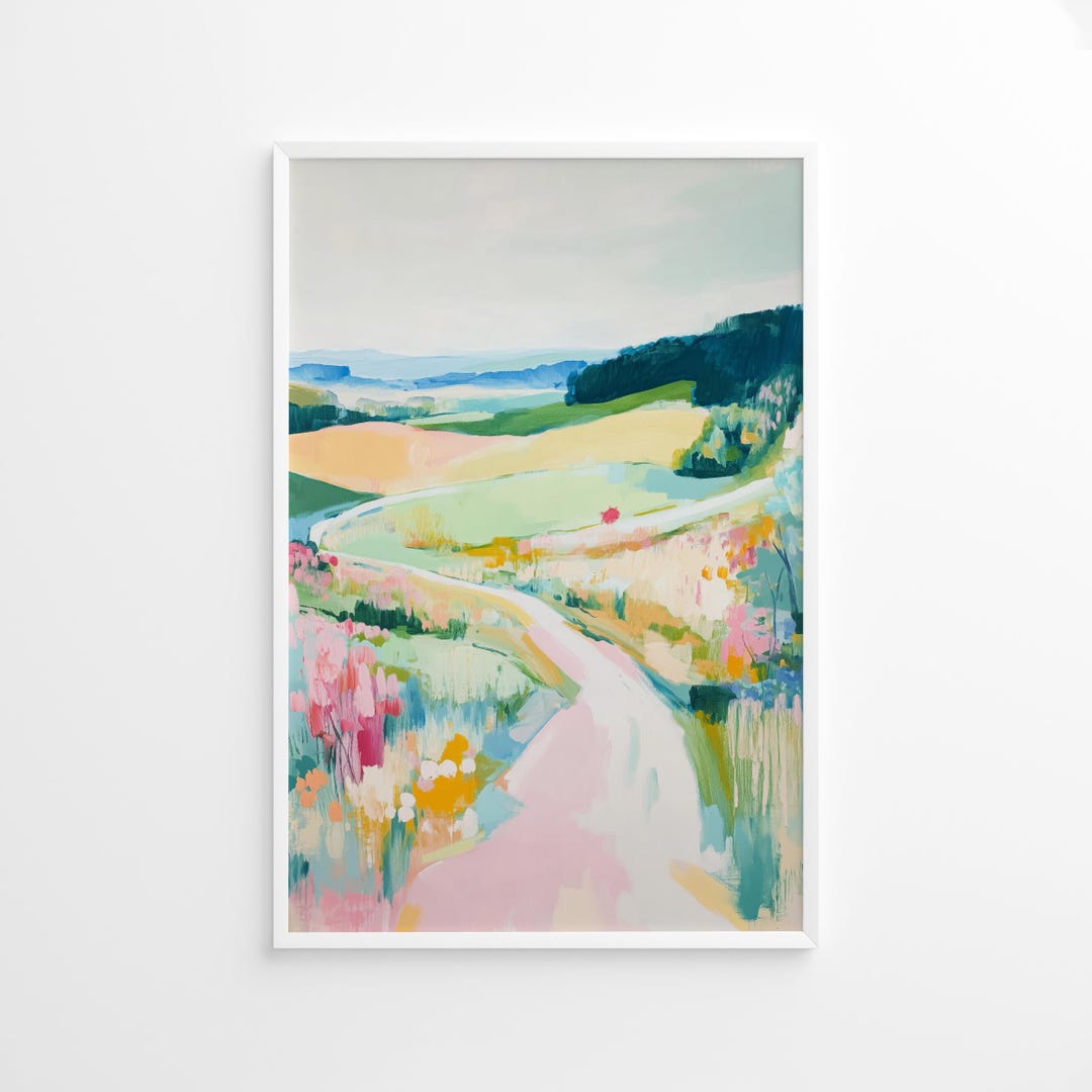 Colorful Abstract Landscape Poster, Pastel Modern Watercolor Wall Art ...