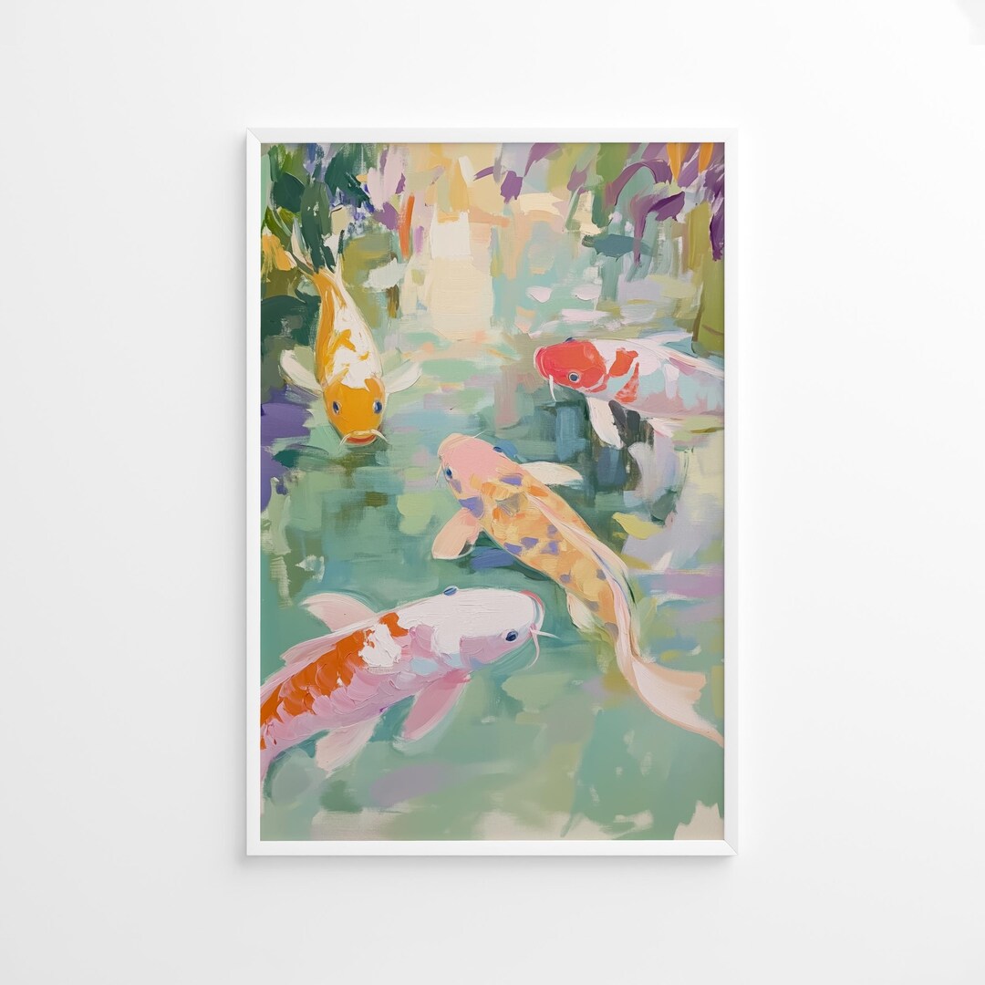 Koi Fish Poster, Zen Wall Art, Japanese Pond Print, Rainbow Animal Art ...
