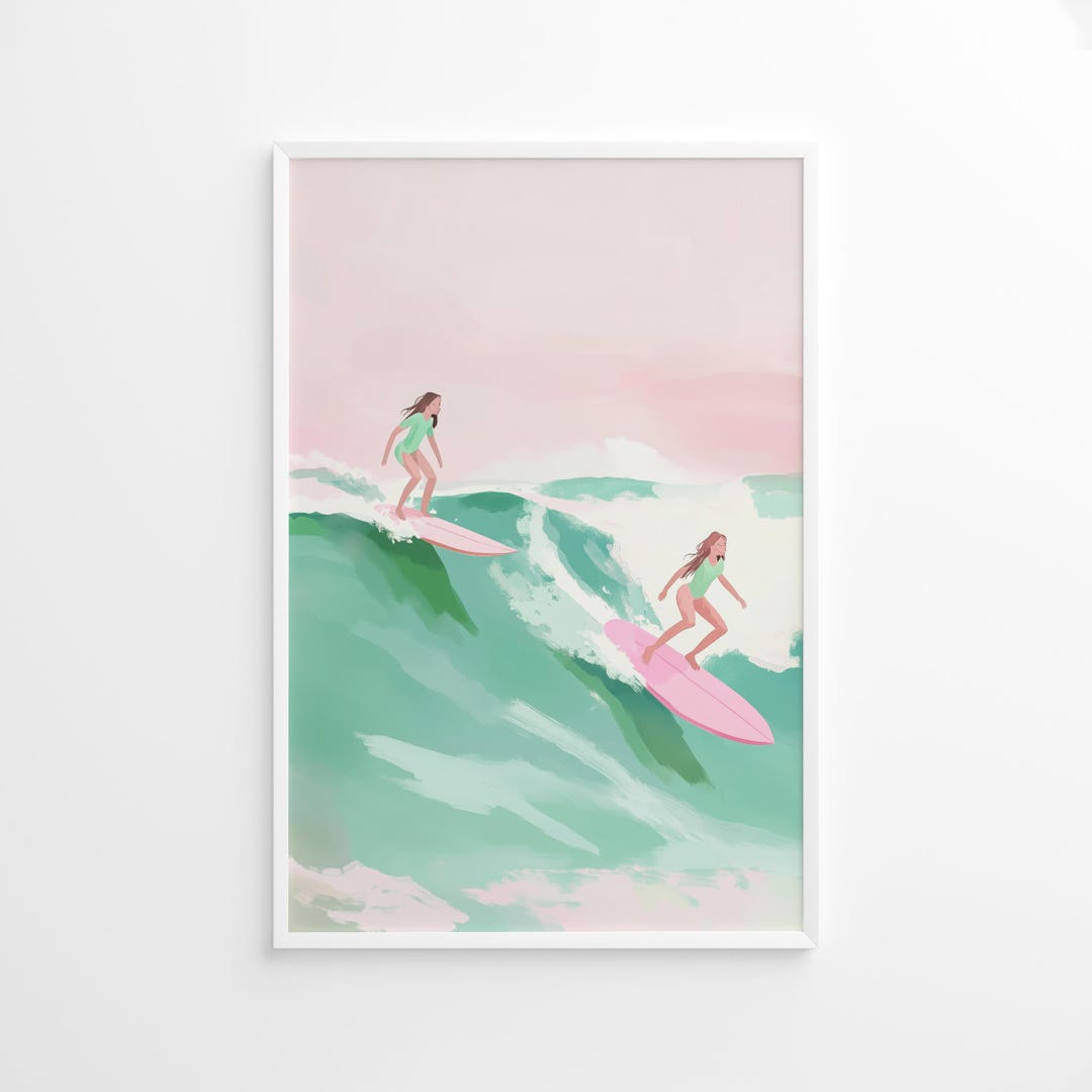 Tween Surfer Girl Poster, Coastal Teen Wall Art Print, Pink Summer ...