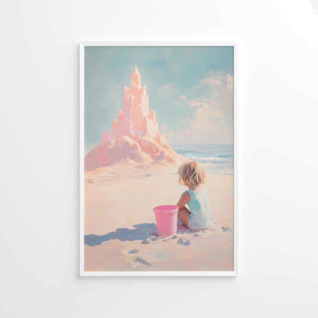 Sandcastle Beach Poster: Pastel Wall Art With Child and Pink Bucket for ...
