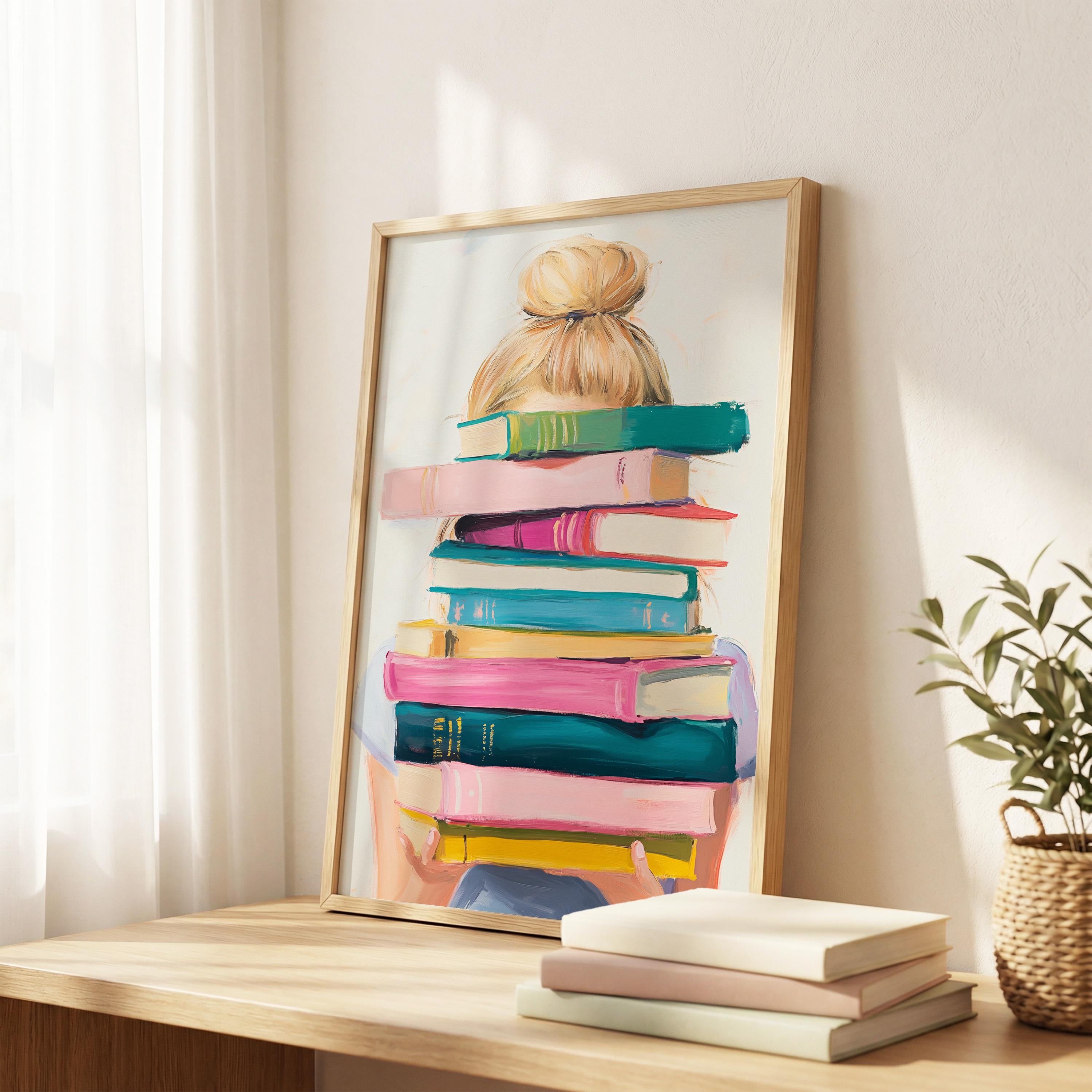 Girl With Stack of Books Poster, Pastel Book Lover Wall Art, Cute ...