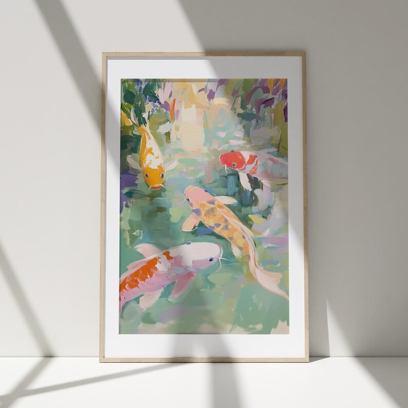 Koi Fish Poster, Zen Wall Art, Japanese Pond Print, Rainbow Animal Art ...