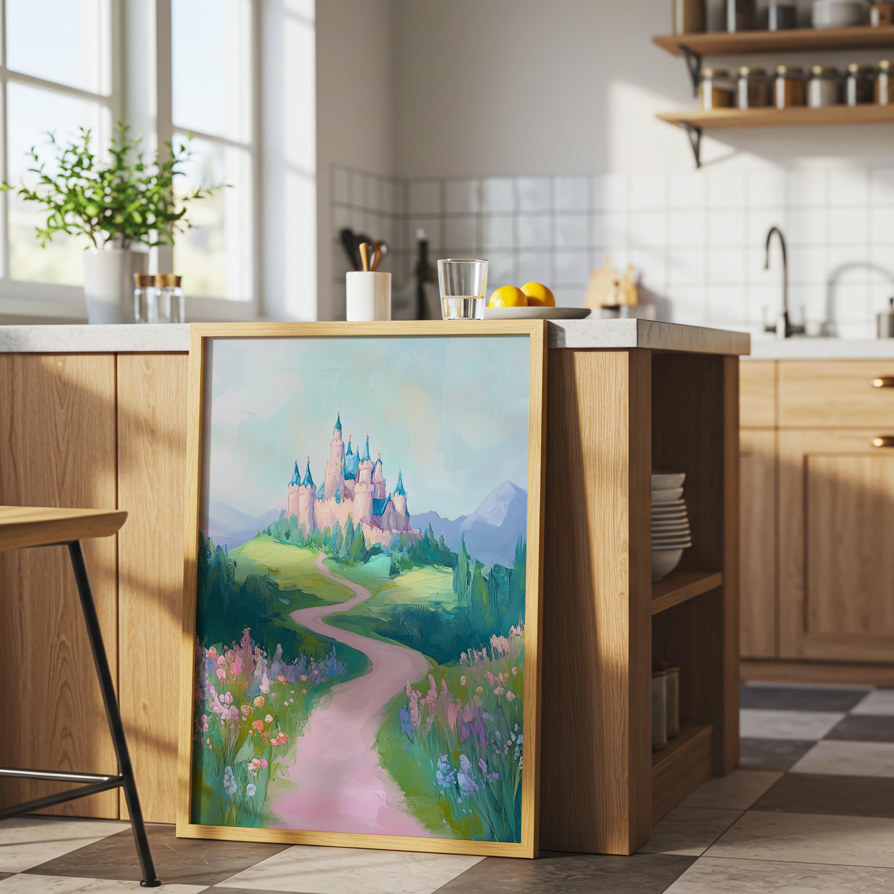 Fairytale Castle Poster: Pastel Fantasy Landscape Art Print for Nursery ...