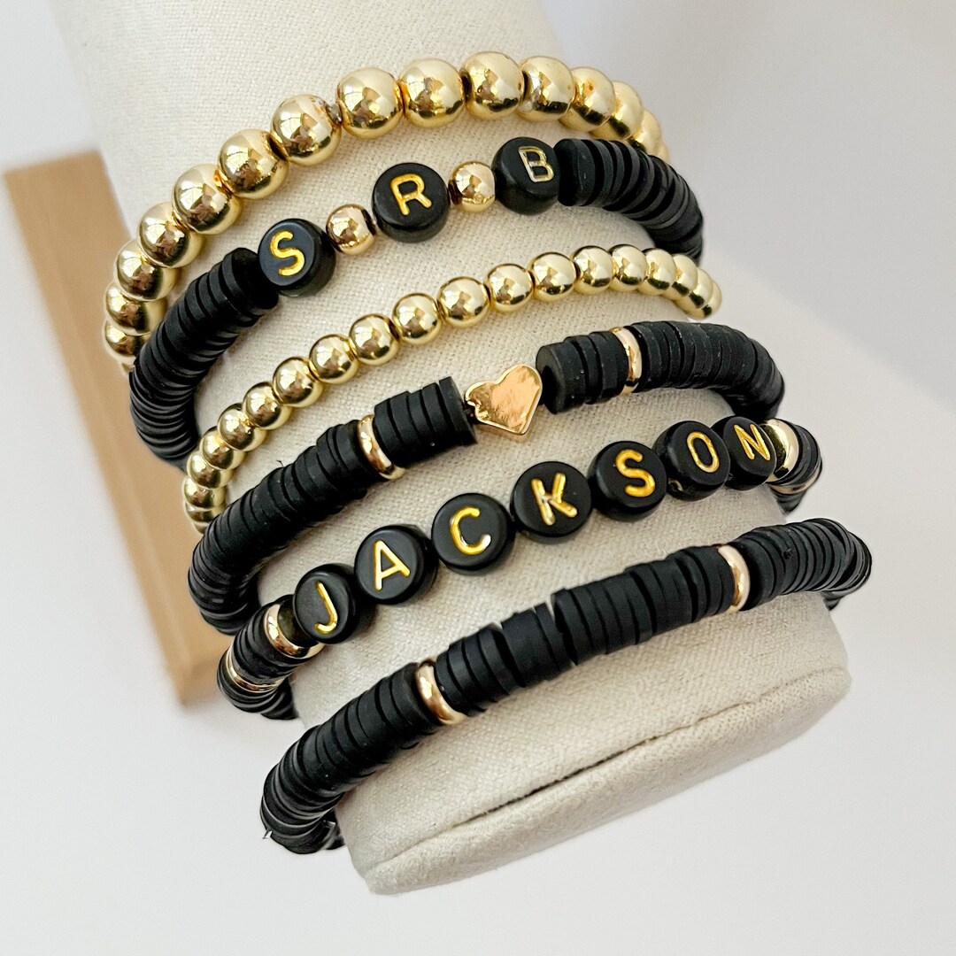 Name Bracelets, Letter Beaded Bracelets, Black Heishi Gold Beaded ...