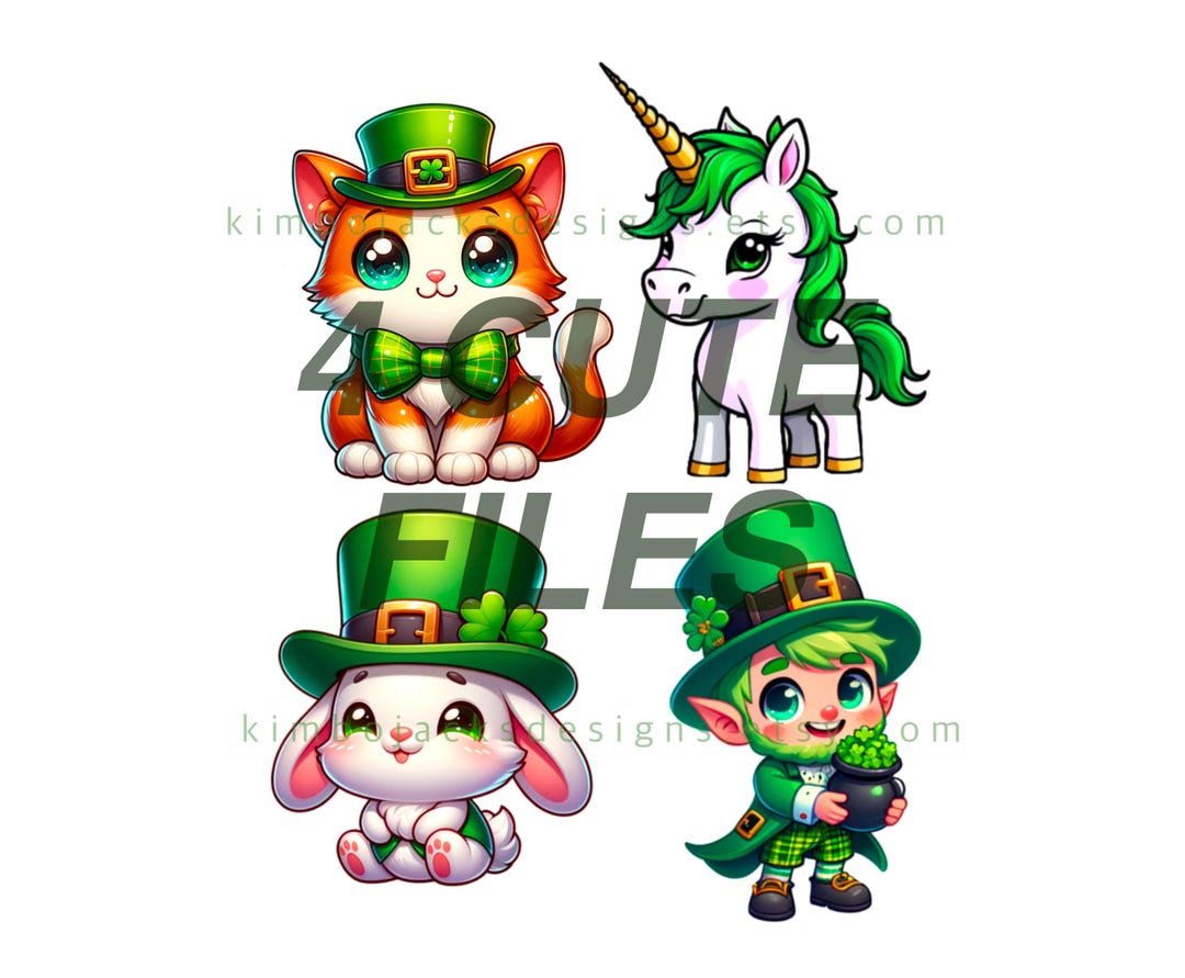St. Patricks Day Bundle Clip Art, Kawaii Clip Art, Shamrock Design, Cat ...