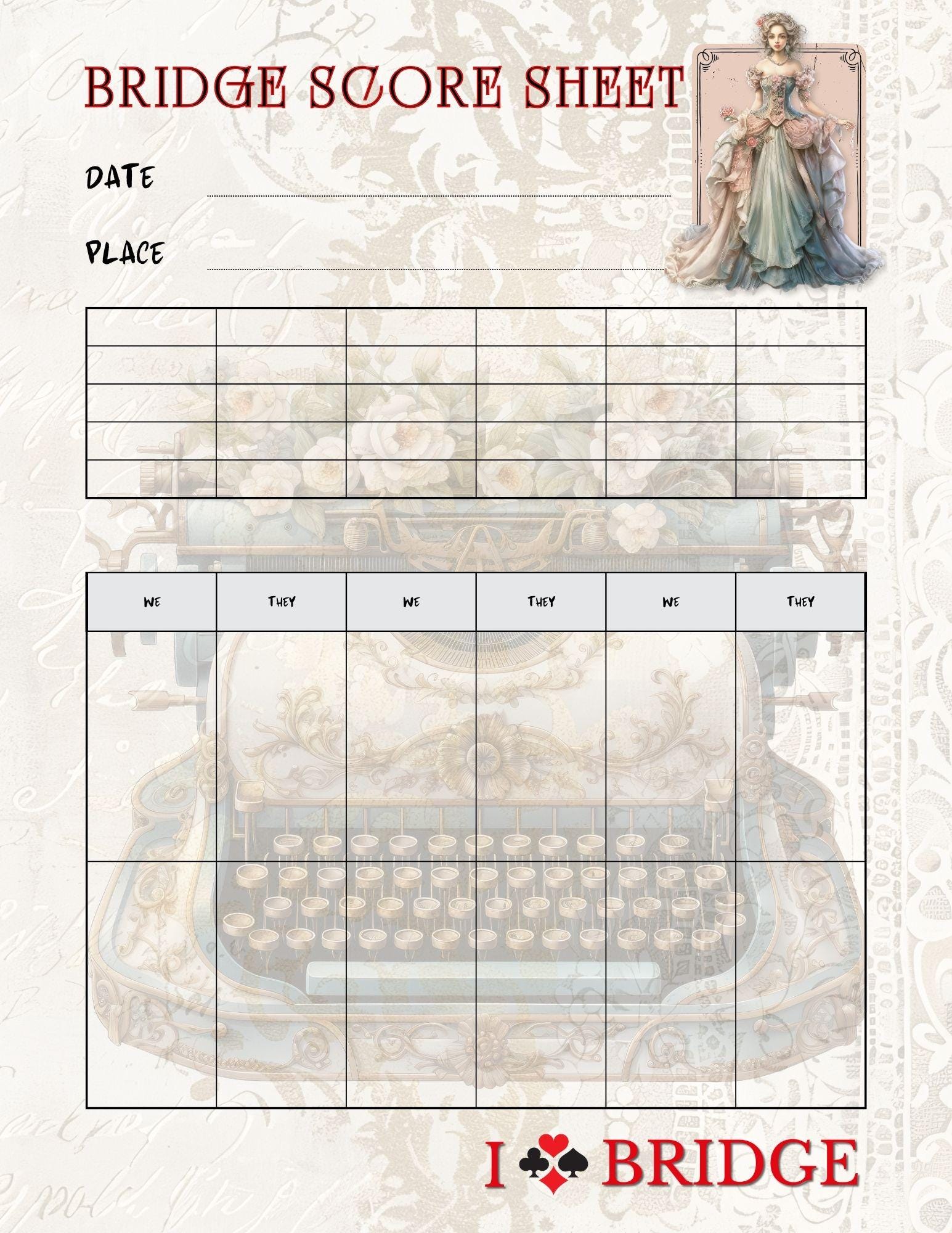 Printable Rococo Contract Bridge Game Score Sheets, Vintage Style ...