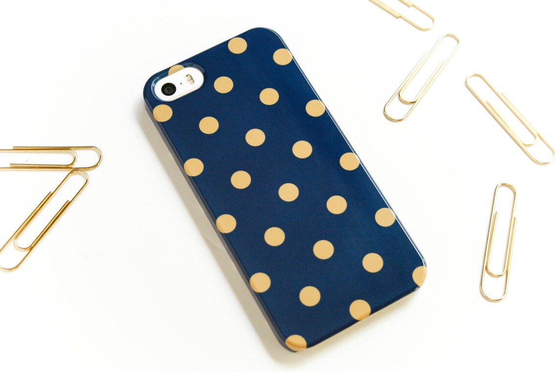 Preppy iPhone Case Blue and Golden Polka Dot iPhone 16 16e 13 14 15 Pro ...