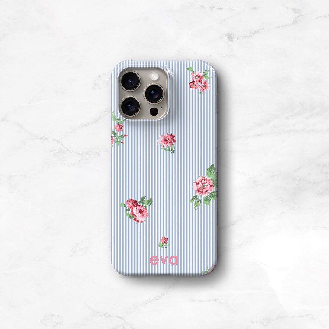 Personalized Phone Case Floral Pinstripe Preppy iPhone 16 15 Magsafe 14 ...