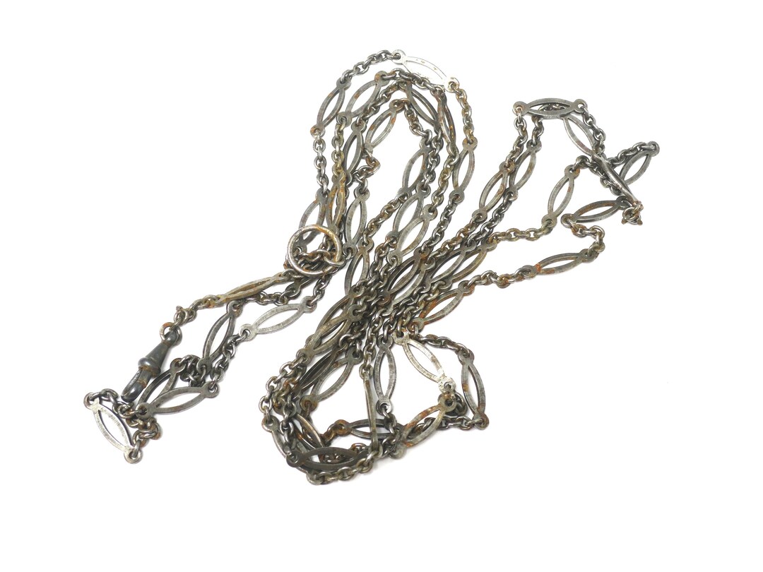 Antique Art Nouveau Dark Tone Metal Long Fancy Link Chain Necklace ...