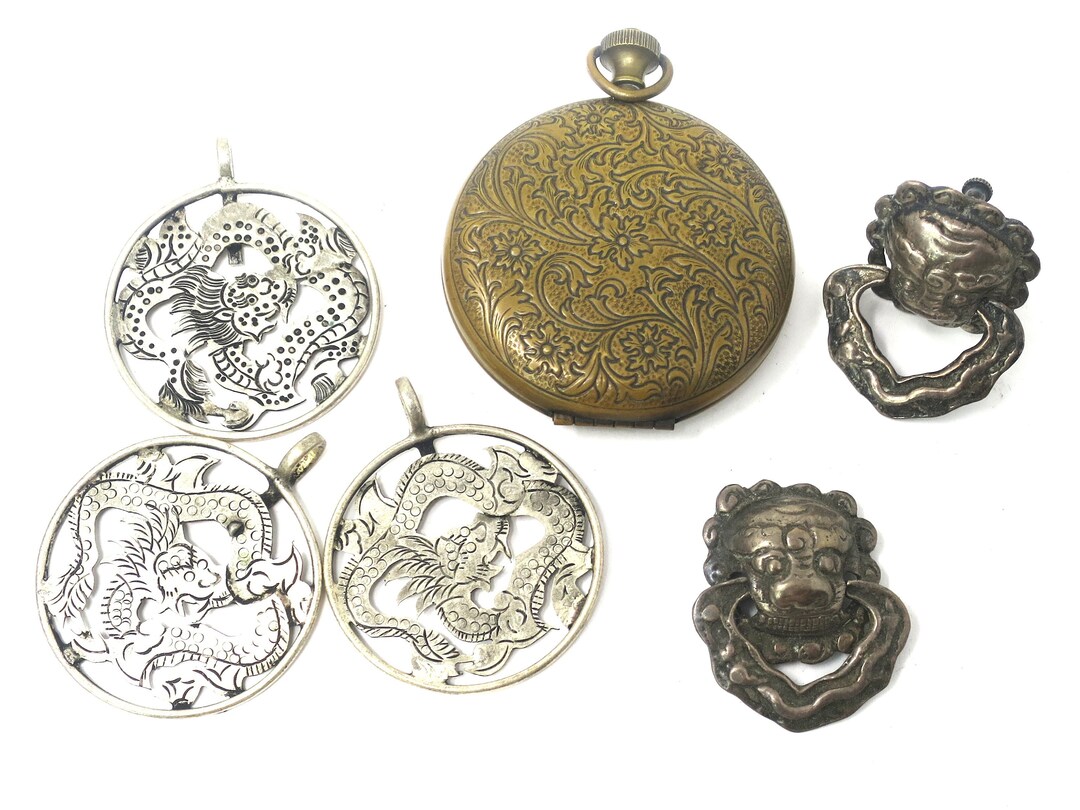 Vintage or Antique Empty Pocket Watch, Silver Patina Earrings, Dragon ...