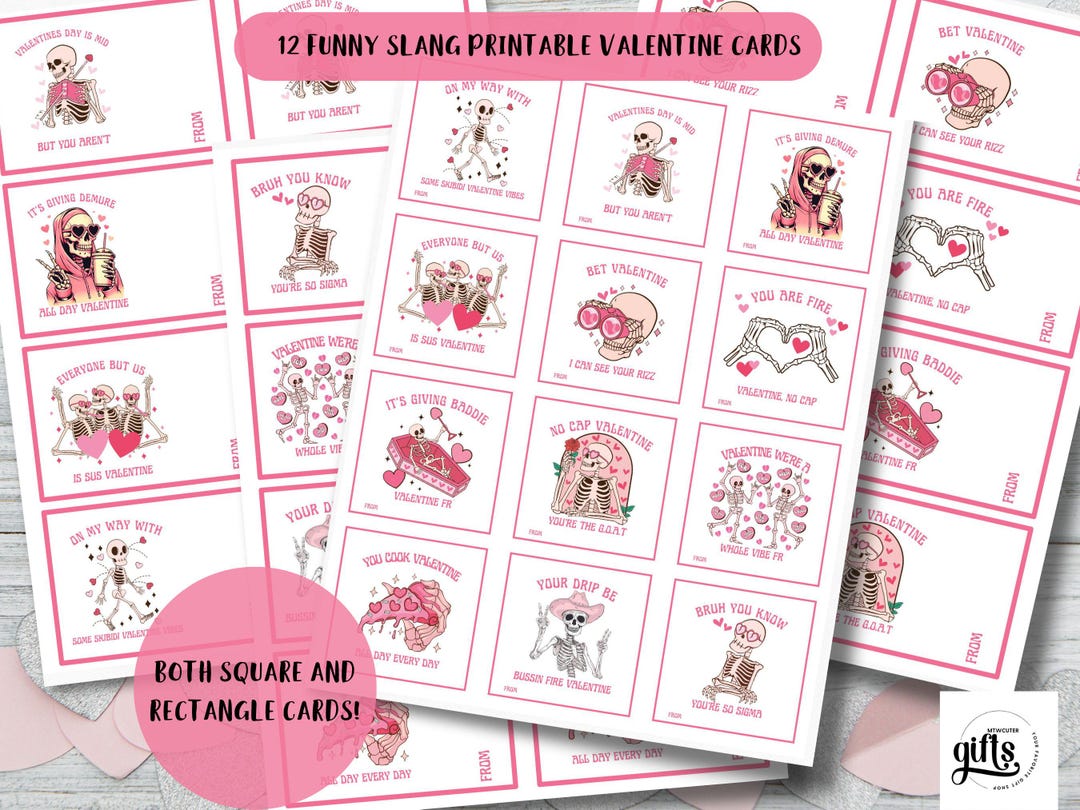 Slang Teen Valentine's Day Printable Cards, Pink Skeleton Tween ...