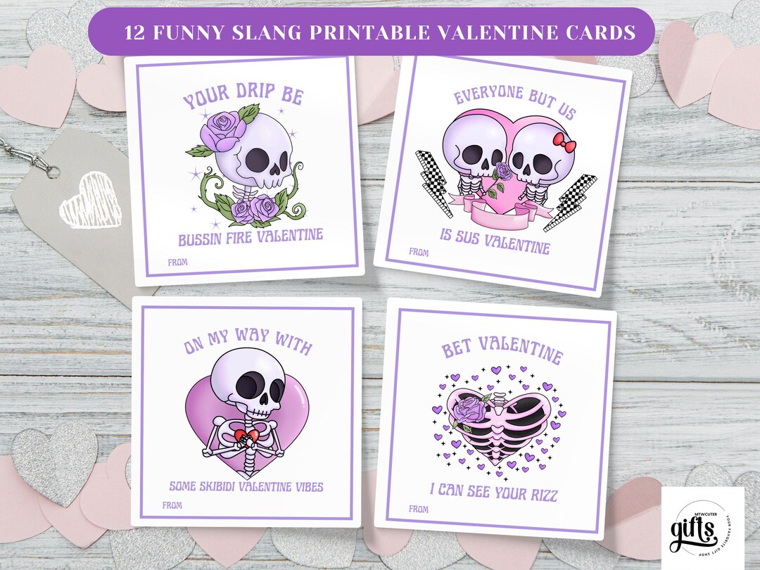 Slang Teen Valentine's Day Printable Cards, Purple Chibi Skeleton Tween ...