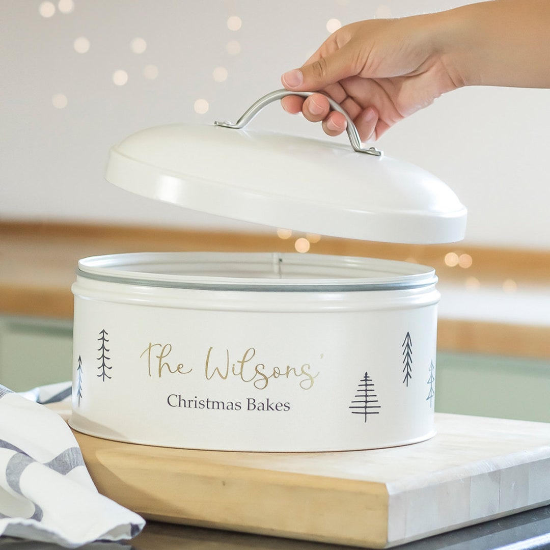 Personalised Christmas Cake Tin With Christmas Tree Art, Airtight ...