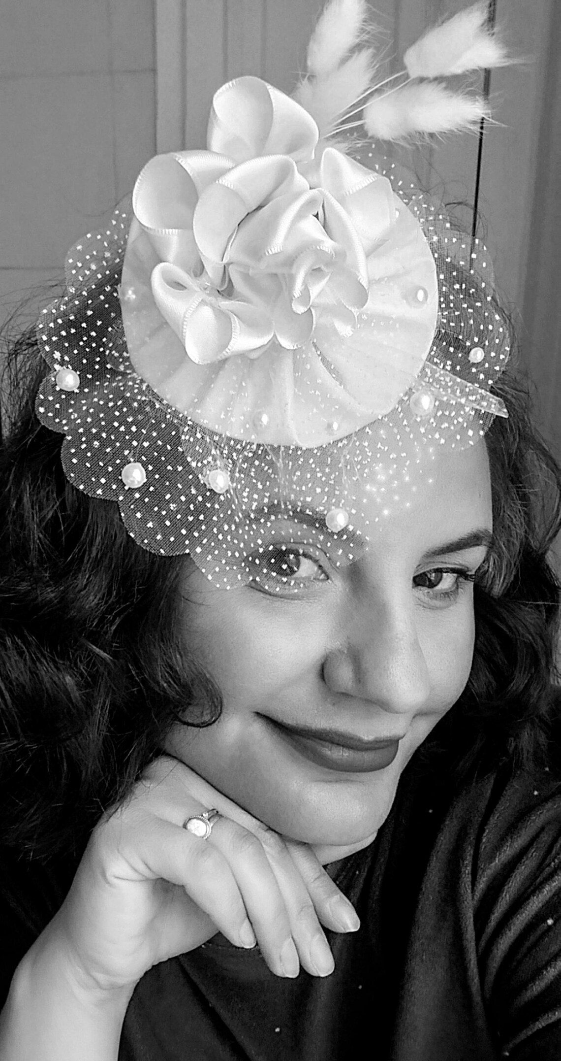 Ivory Fascinator Hat With Pearl Dotted Tulle & Ribbon Rose Vintage ...