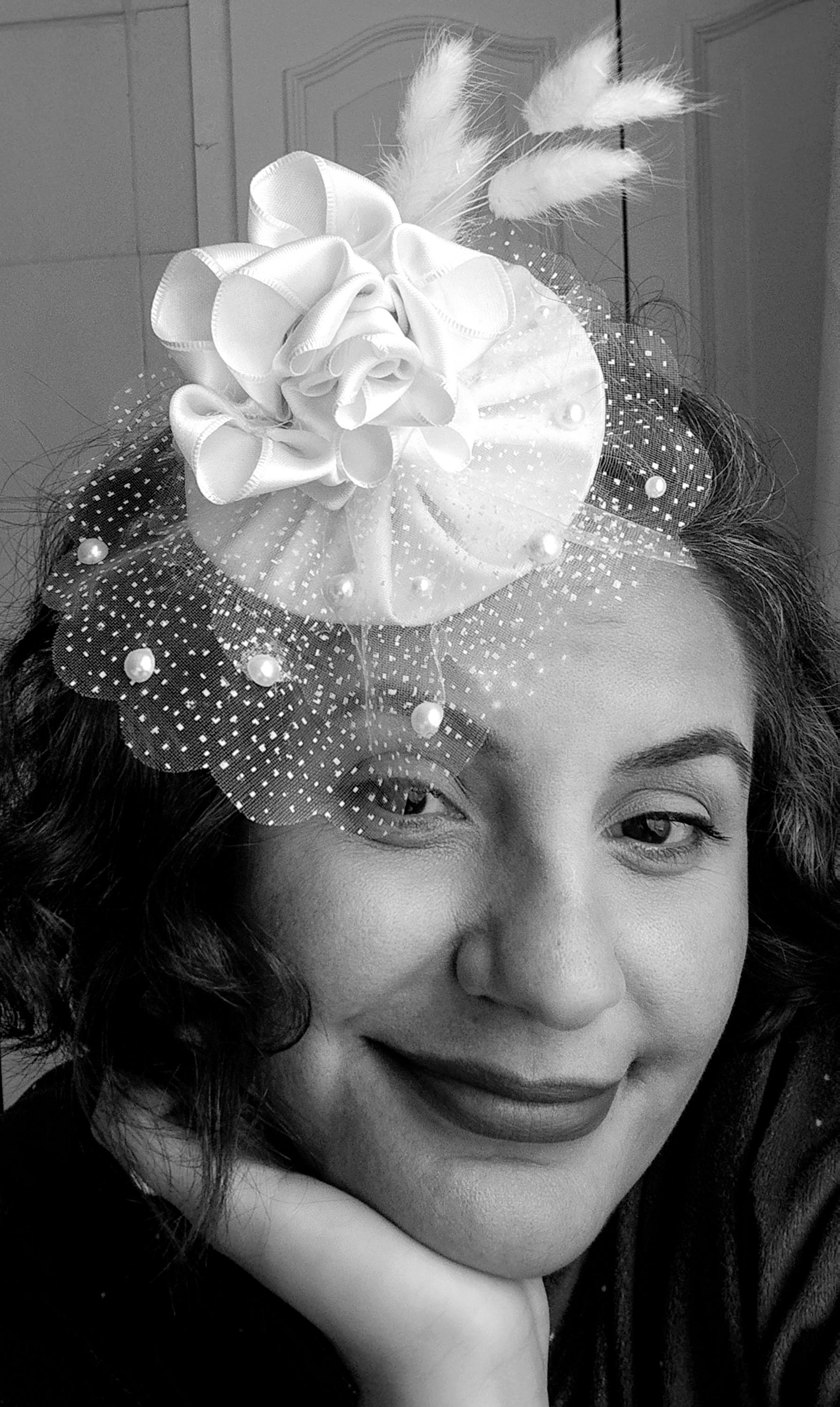 Ivory Fascinator Hat With Pearl Dotted Tulle & Ribbon Rose Vintage ...